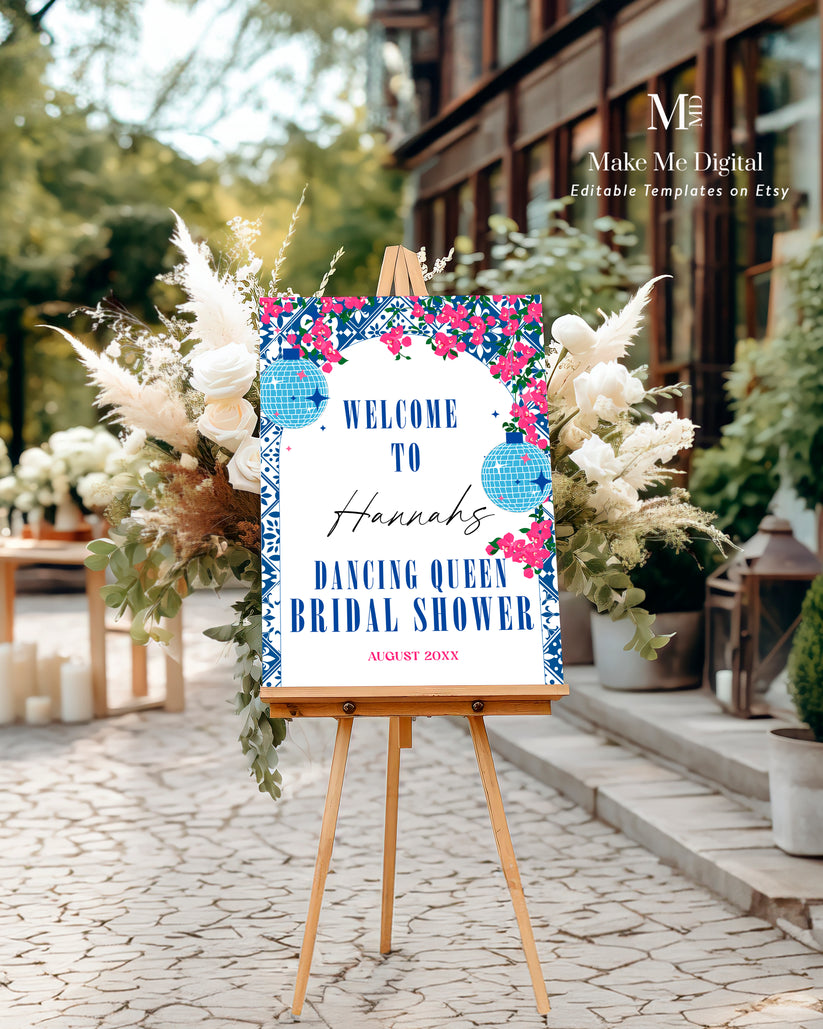 Dancing Queen Bridal Shower Welcome Sign & Mediterranean Blue Tile tem ...
