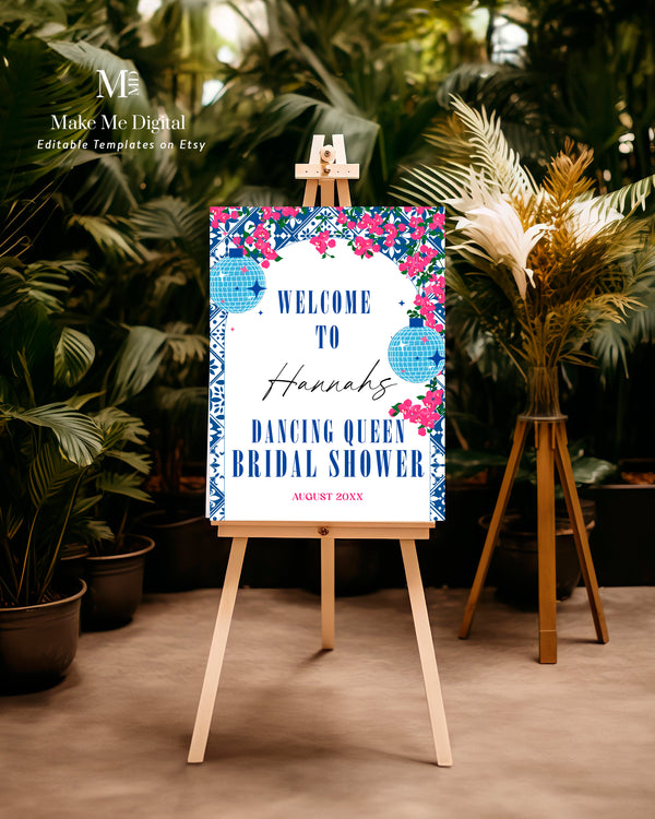 Dancing Queen Bridal Shower Welcome Sign & Mediterranean Blue Tile tem ...