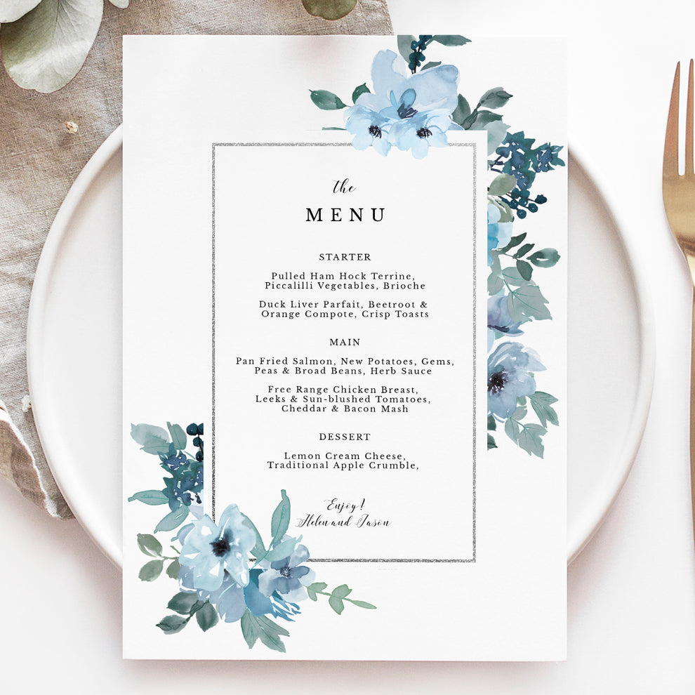 Blue Floral Wedding Menu – Make Me Digital: printable event invitations ...